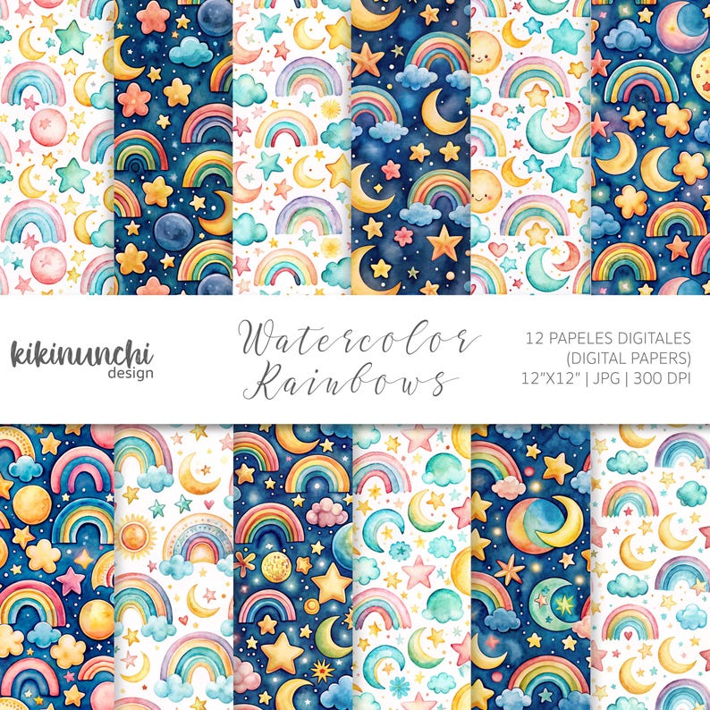 Digital Watercolor Rainbow Papers, Watercolor Rainbow Paper Design in ...