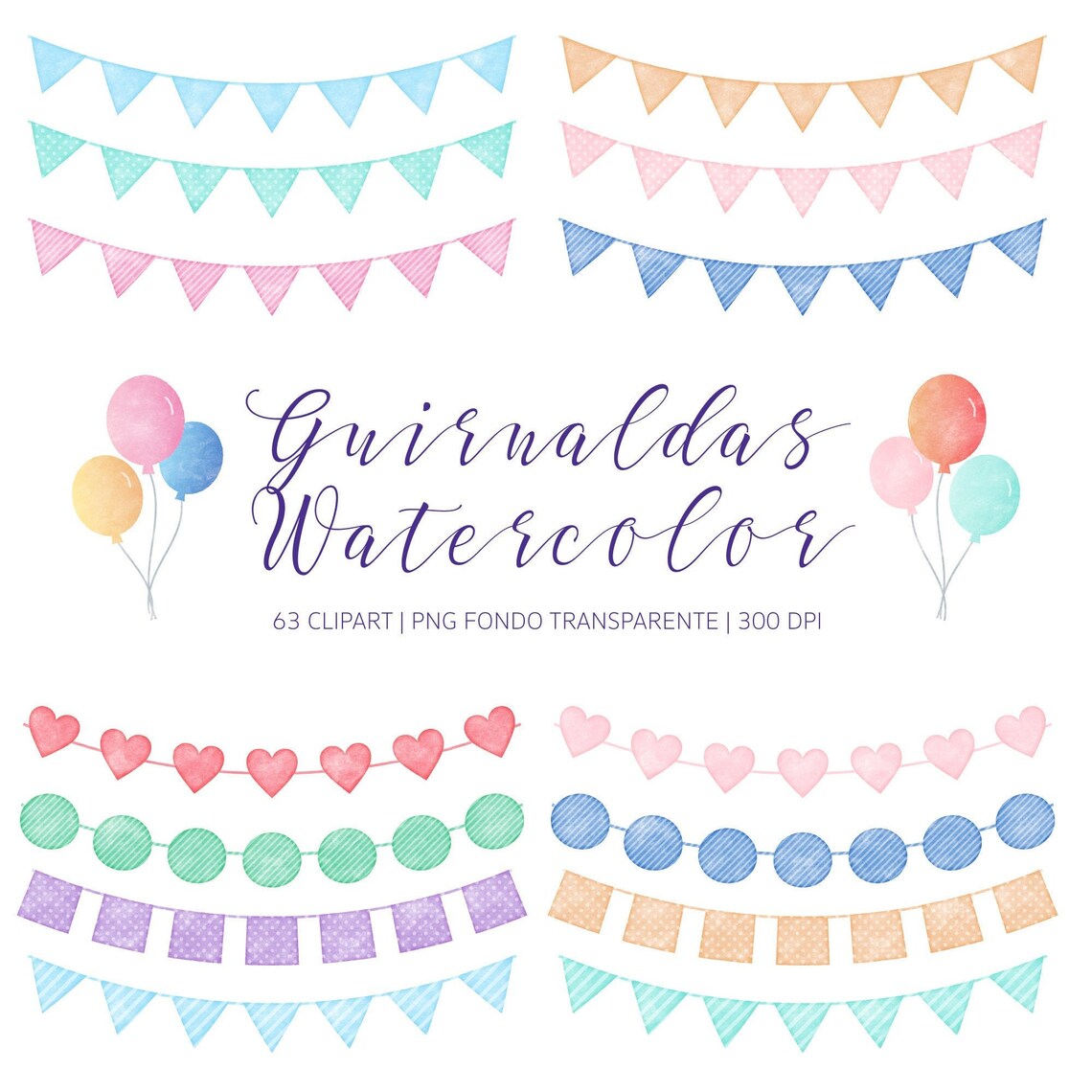 Watercolor Bunting Clipart Watercolor Pennants Watercolor - Etsy