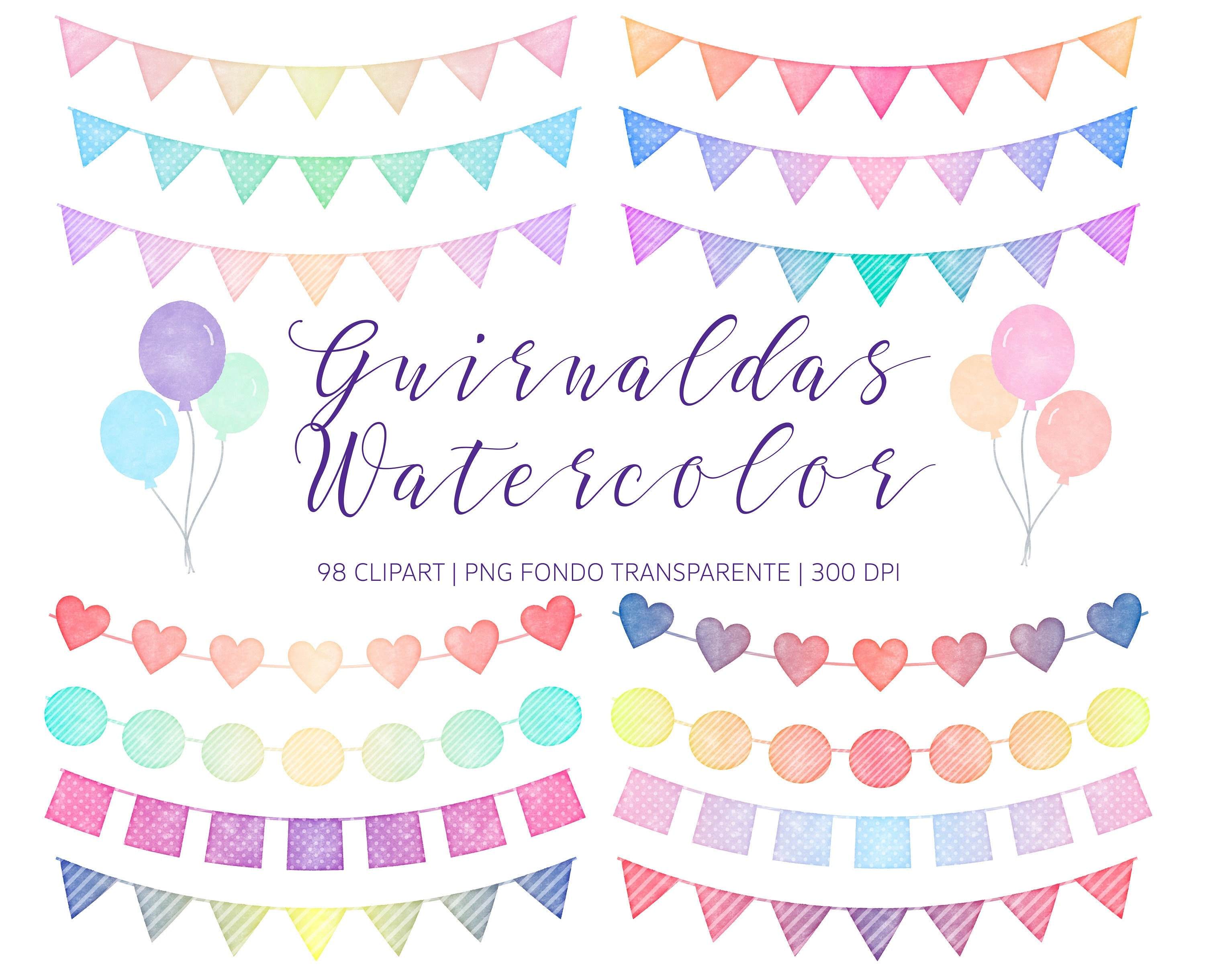 Watercolor Bunting Clipart, Watercolor Pennants, Watercolor Clipart ...