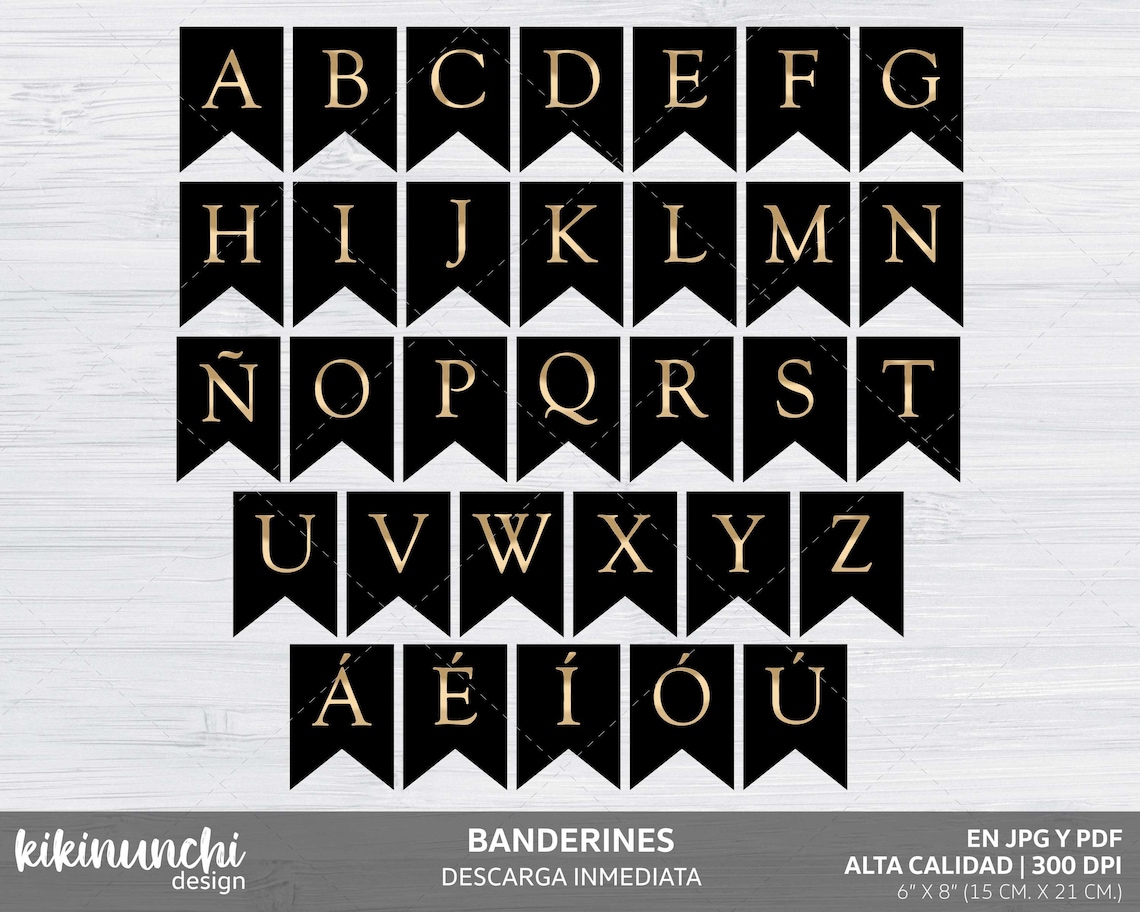 Banderines negros con letras efecto dorado para imprimir, Banderines ...