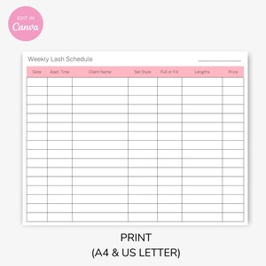 Weekly Lash Tech Schedule Canva Template, Printable, Lashes ...