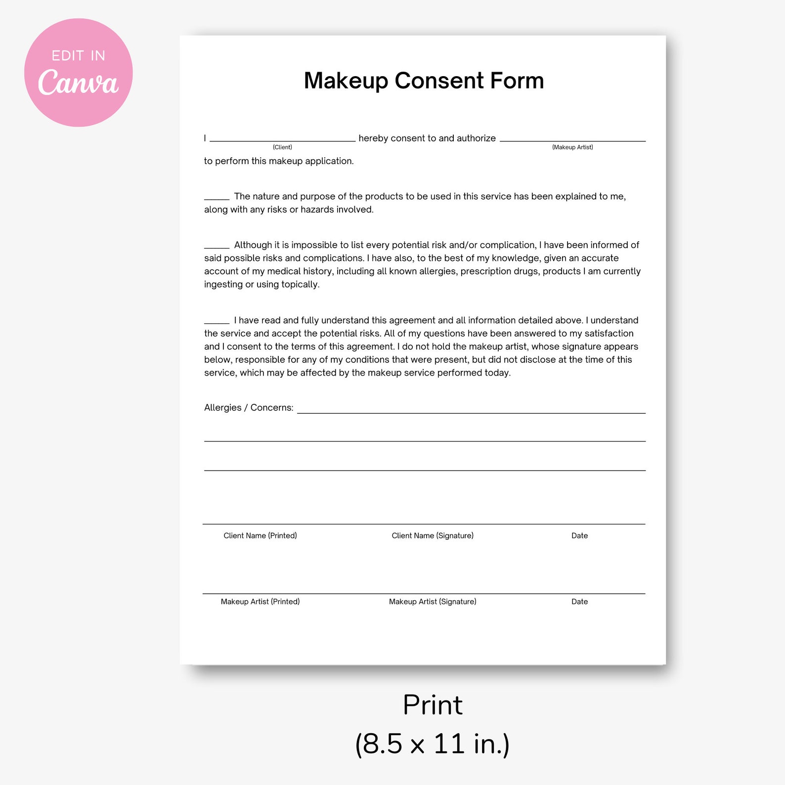 Makeup Consent Form Template Printable Canva Makeup - Etsy