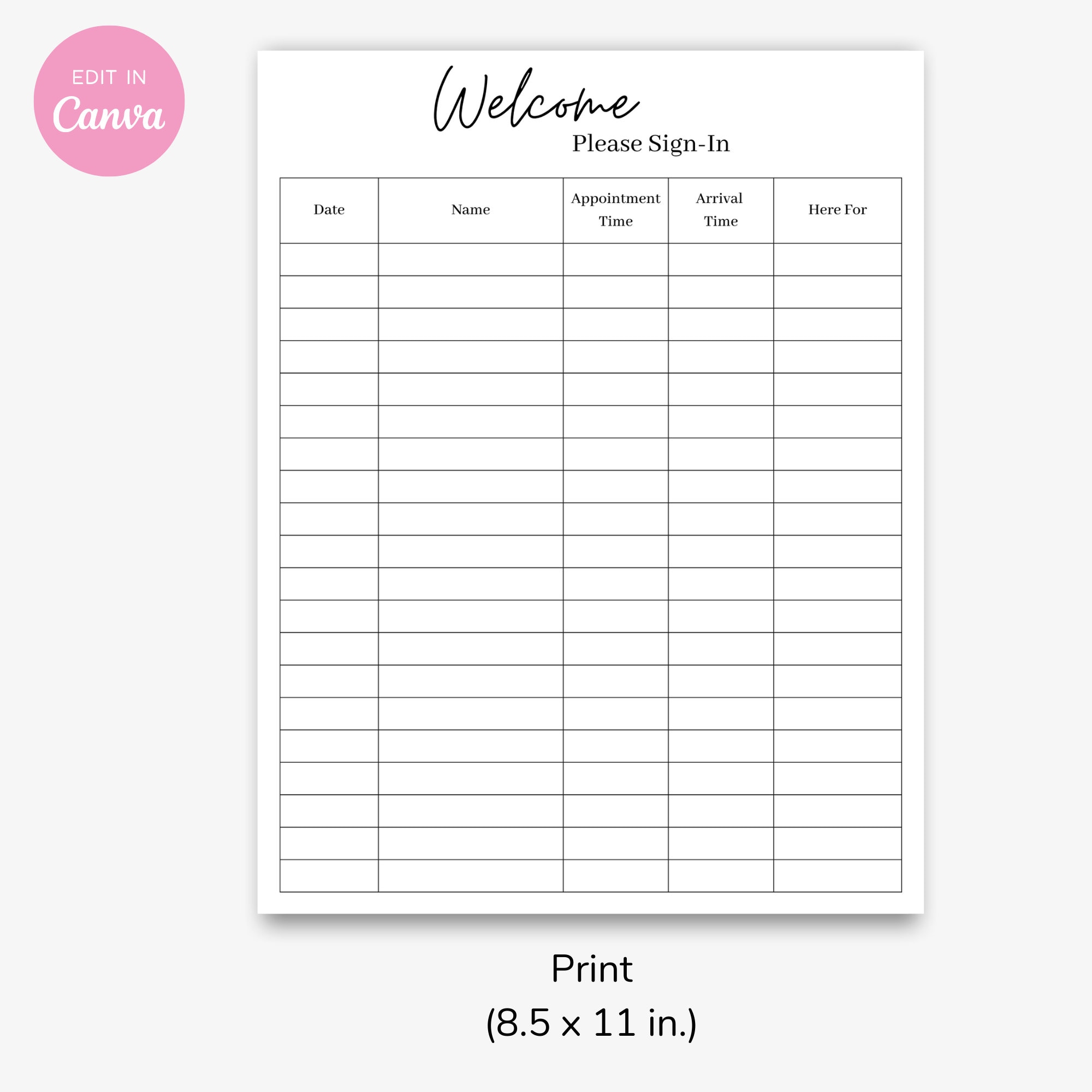 Simple Sign-in Sheet Template | Printable, Canva, Salon, Esthetician ...