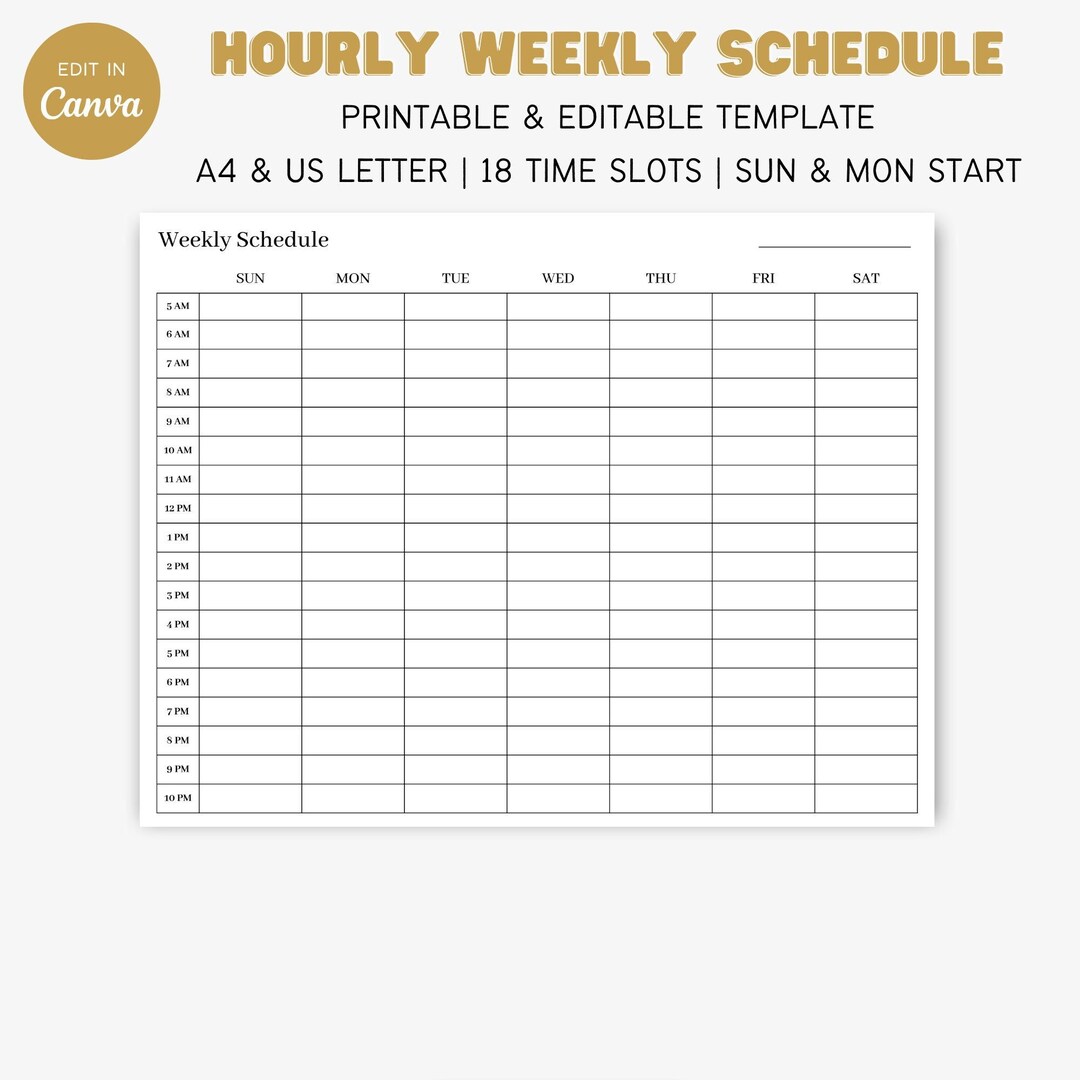 Hourly Weekly Schedule Canva Template, Printable, Organize, Scheduling ...