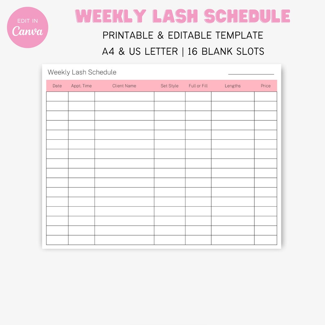 Weekly Lash Tech Schedule Canva Template, Printable, Lashes ...