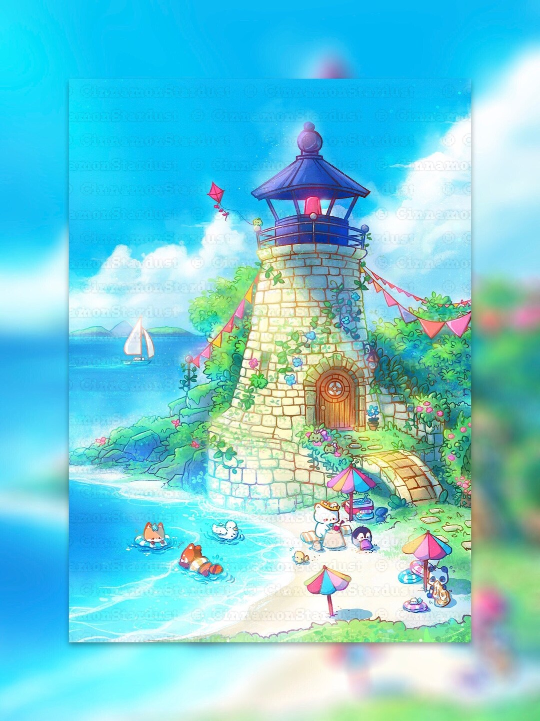Lighthouse Beach Party | Art Print | Kawaii Art Print | Kawaii ...
