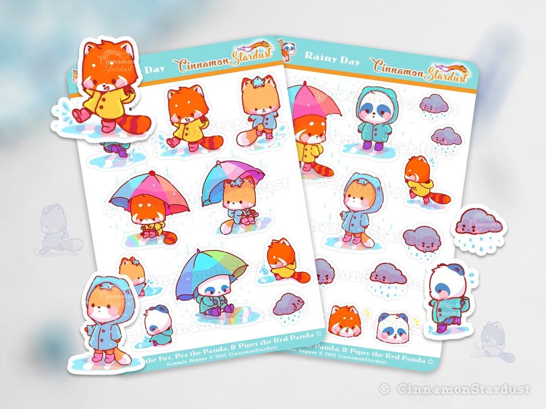 Glitter Textured Stickers Rainy Day Bundle: Fox, Red Panda, Blue Panda ...