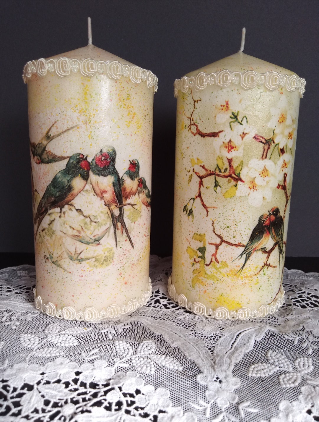 Decorative Candle With Swallow Hand Decorated, Birds Candle, Decoupage ...