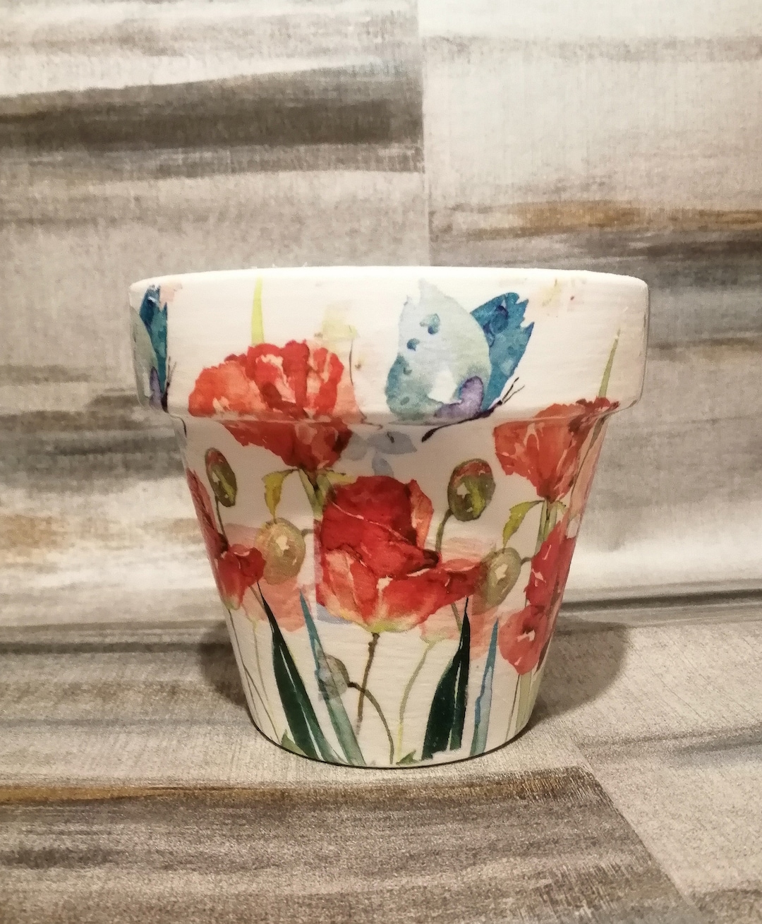 Poppies Plant Pot With Blue Butterfly, Decorative Plant Pot, Red ...