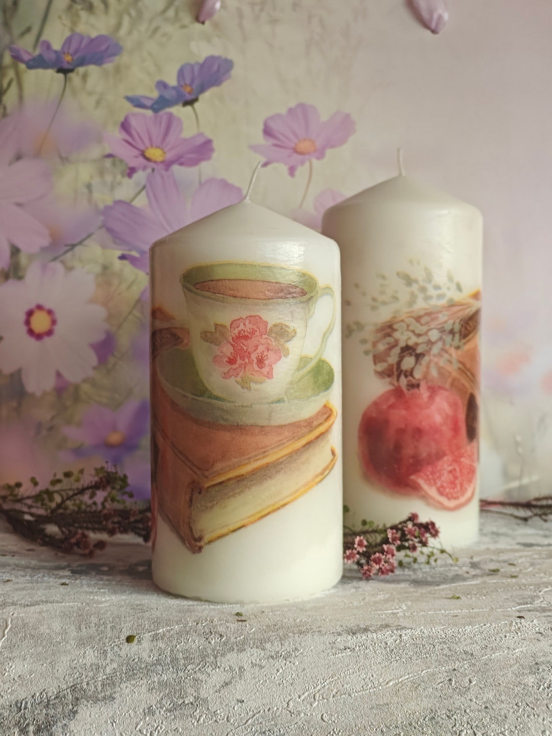 Candle With Book Candle With Cup of Tea Pattern Hand Decor - Etsy