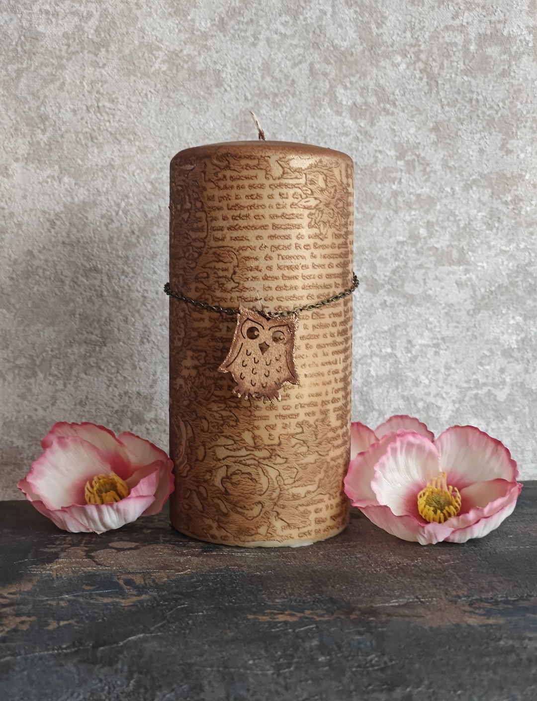 Owl Unscented Candle, Antique Style Gold Inscription With Flower ...