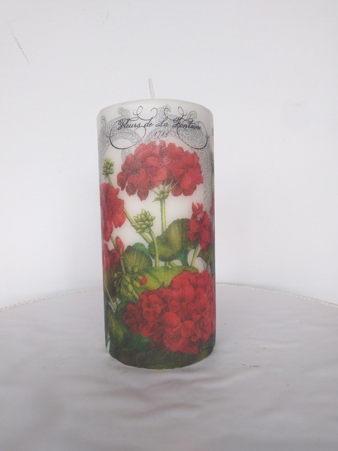Red Geraniums Candle With Dragonfly and Script, Vintage Style Candle ...