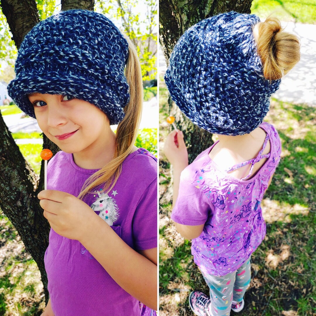 Blue Messy Bun Beanie Messy Bun Woman's Hat - Etsy