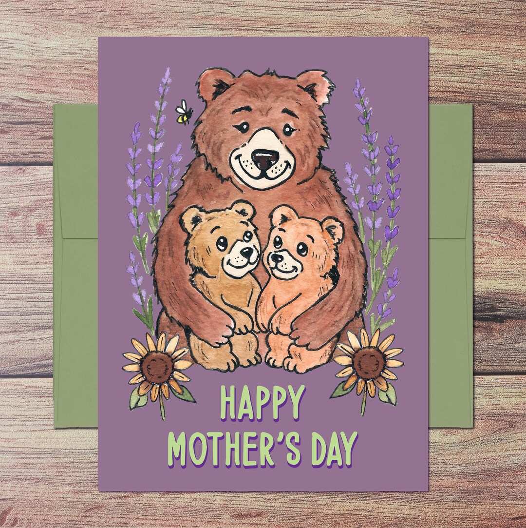 Mother’s Day Card, Mama Bear and Cubs Illustration, Cute Wildflower ...