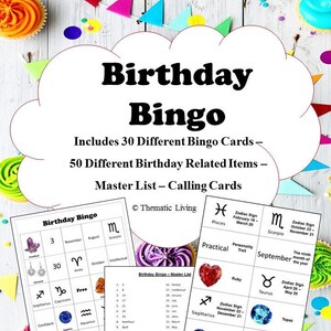 30 Birthday Bingo Cards Zodiac Sign Birthstone Birthday Month ...
