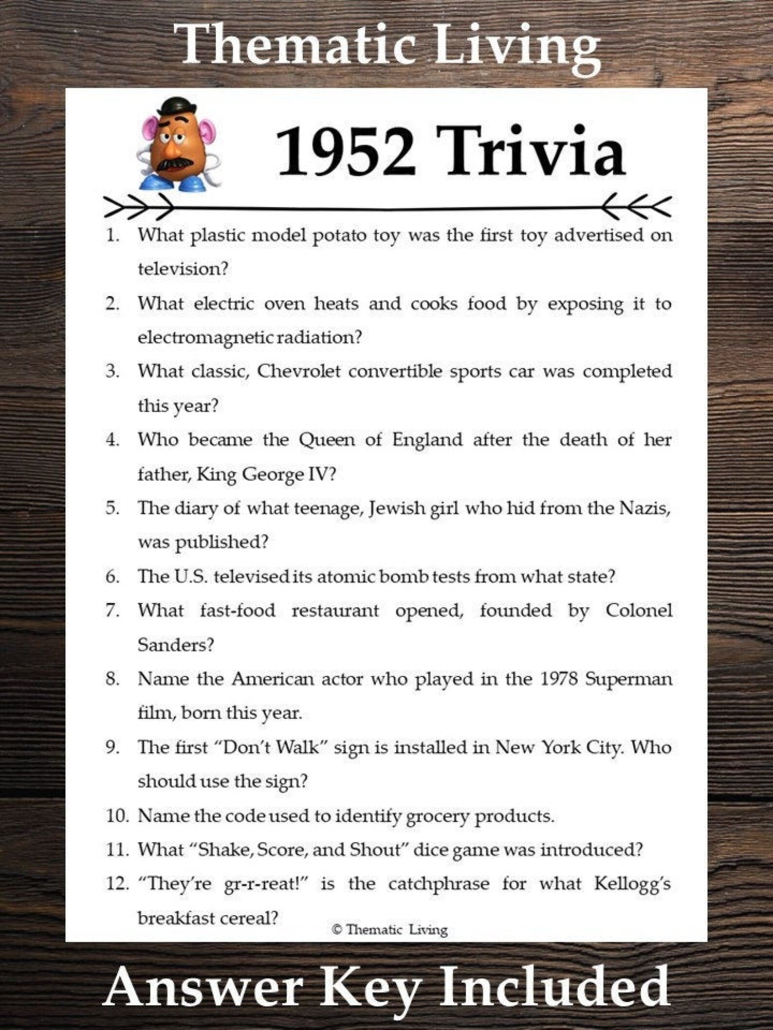 1952 Trivia Birthday Anniversary Back in Born in Printable Answer Key ...