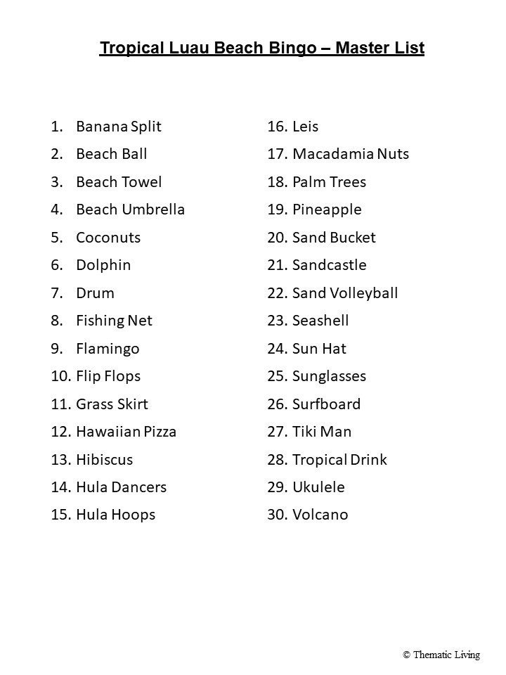 25 Beach Bingo Cards Tropical Luau Summer Theme Party Leis Flamingo ...