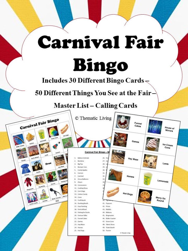 30 Carnival Fair Bingo Cards Carnival Theme Party County Fair Circus ...