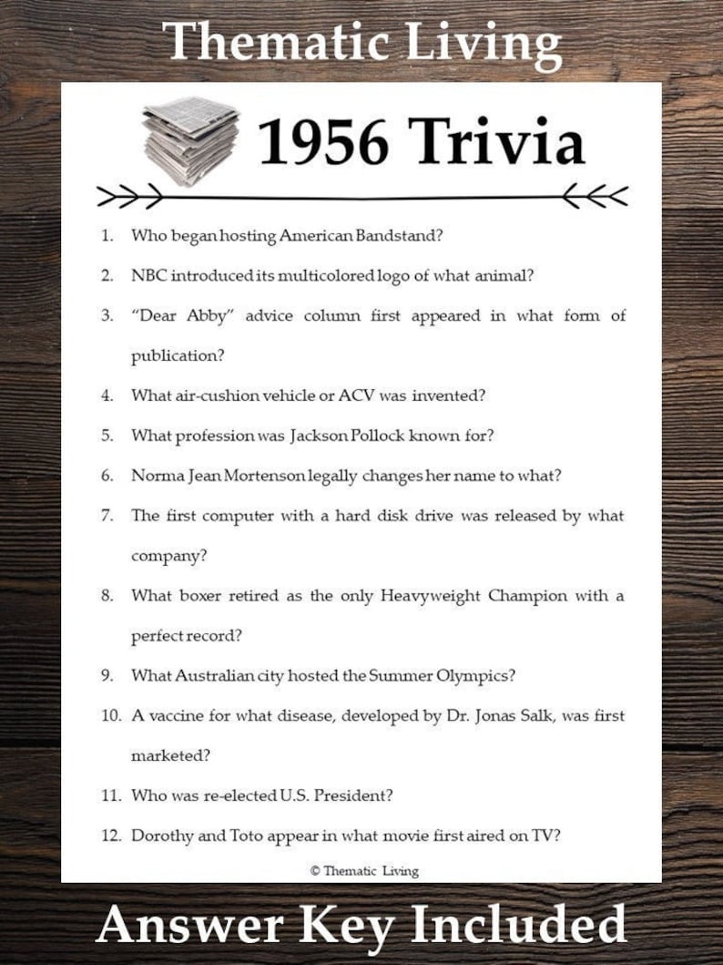 1956 Trivia Birthday Anniversary Back in Born in Printable Answer Key ...