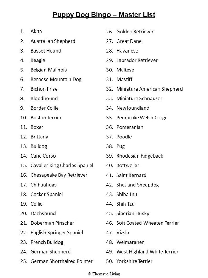 30 Puppy Dog Bingo Cards Dog Birthday Party Game Dog Breeds Dog Lover ...