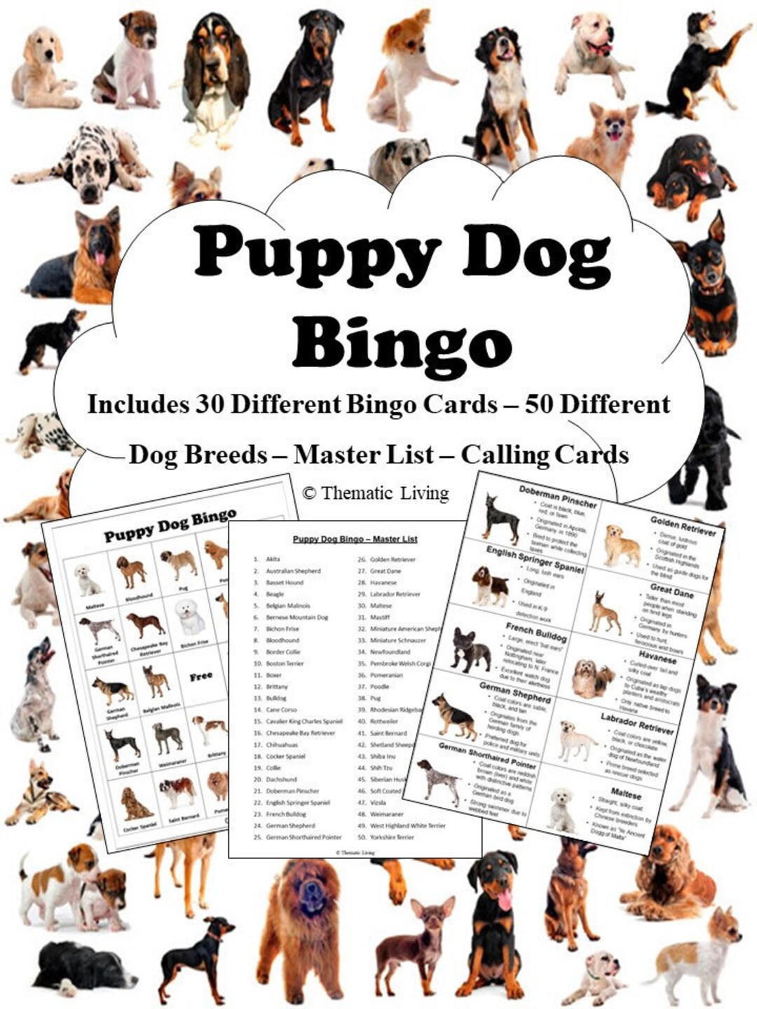 30 Puppy Dog Bingo Cards Dog Birthday Party Game Dog Breeds Dog Lover ...