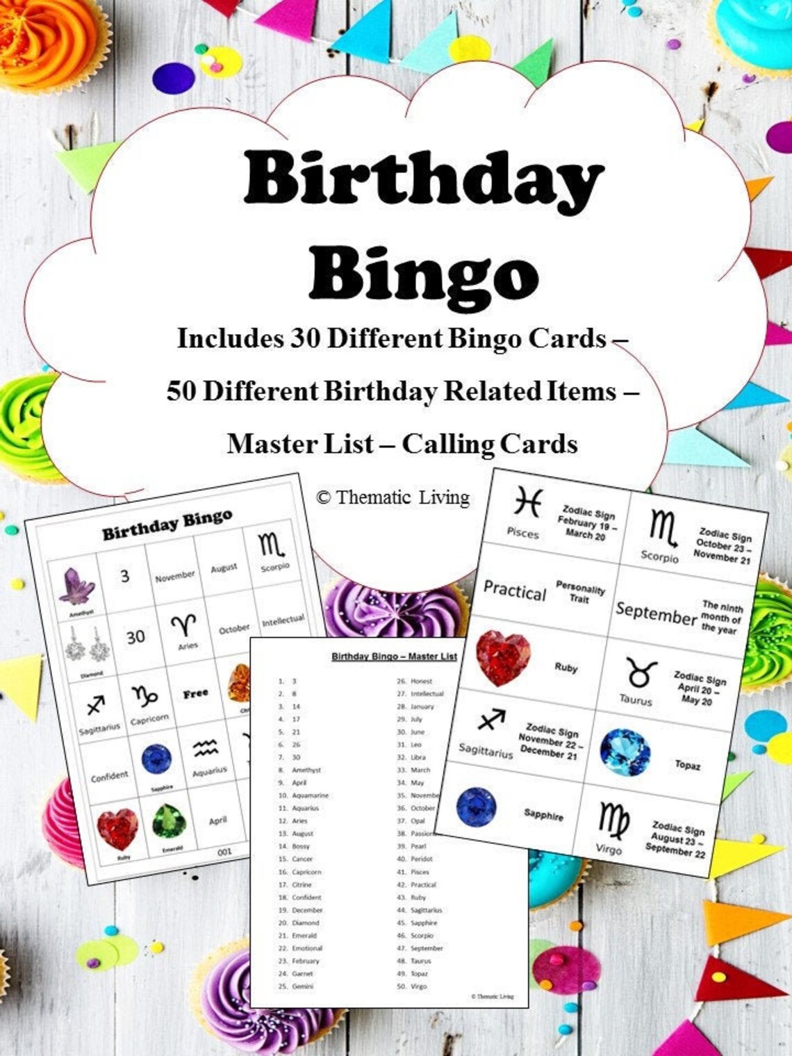 30 Birthday Bingo Cards Zodiac Sign Birthstone Birthday Month ...