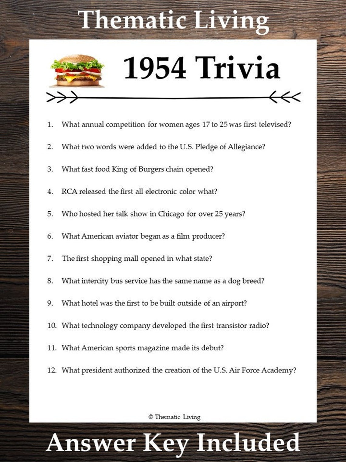 1954 Trivia Birthday Anniversary Back in Born in Printable Answer Key ...