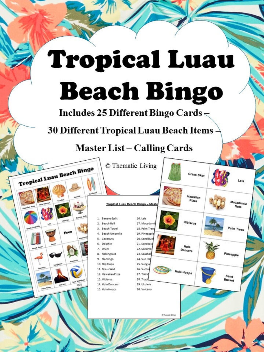 25 Beach Bingo Cards Tropical Luau Summer Theme Party Leis Flamingo ...
