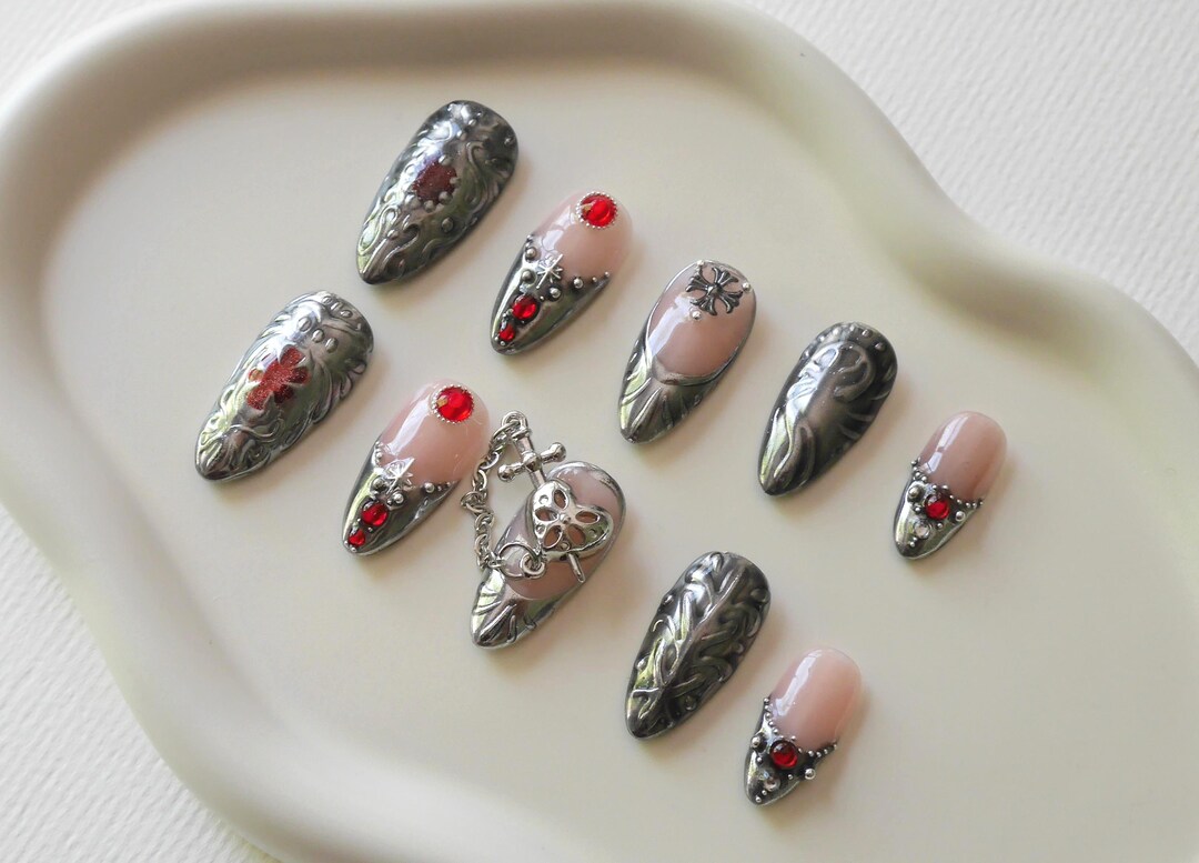 Medieval Knight Themed Silver Chrome Red Gems Fake Gel Acrylic Press on ...