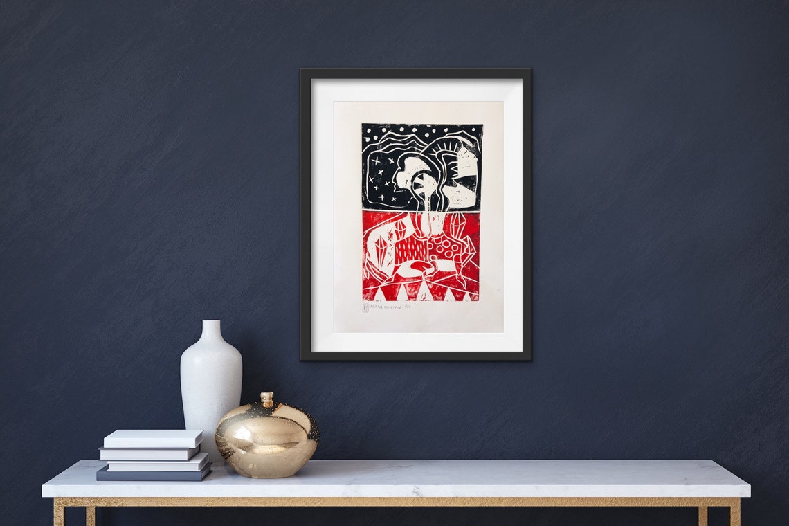 2 Indian Siting Figures Linocut Paper Print , Picasso Style Art ...