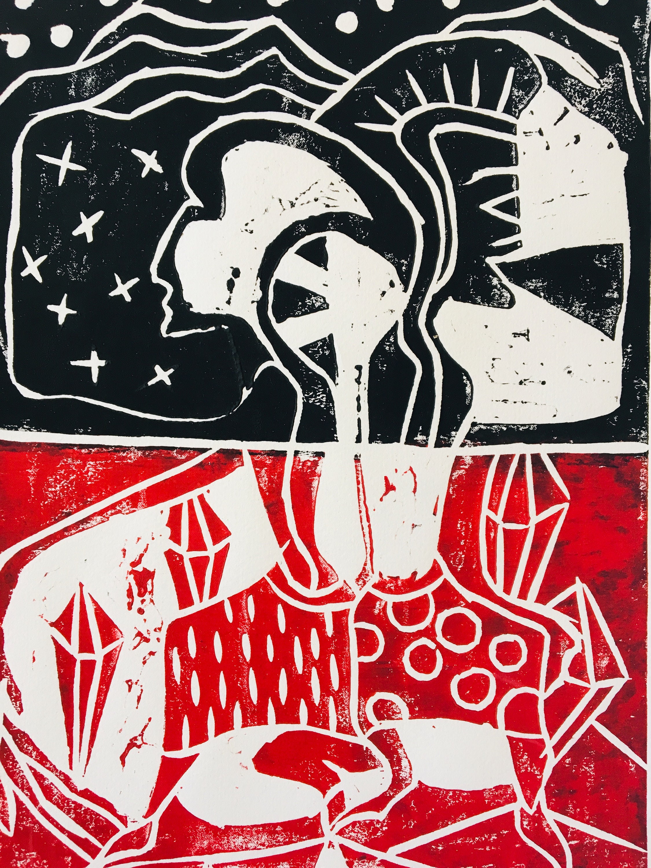 2 Indian Siting Figures Linocut Paper Print , Picasso Style Art ...