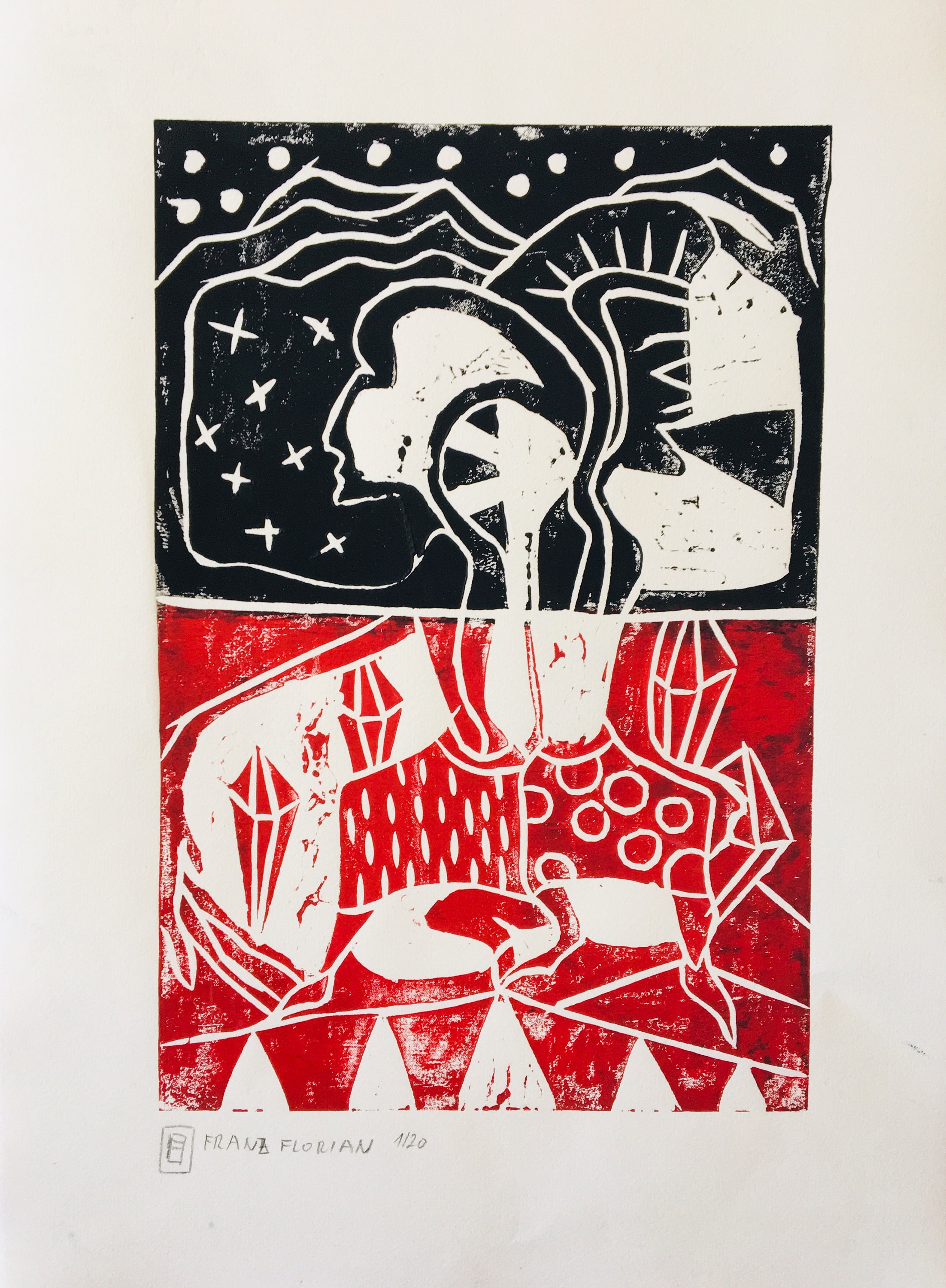 2 Indian Siting Figures Linocut Paper Print , Picasso Style Art ...