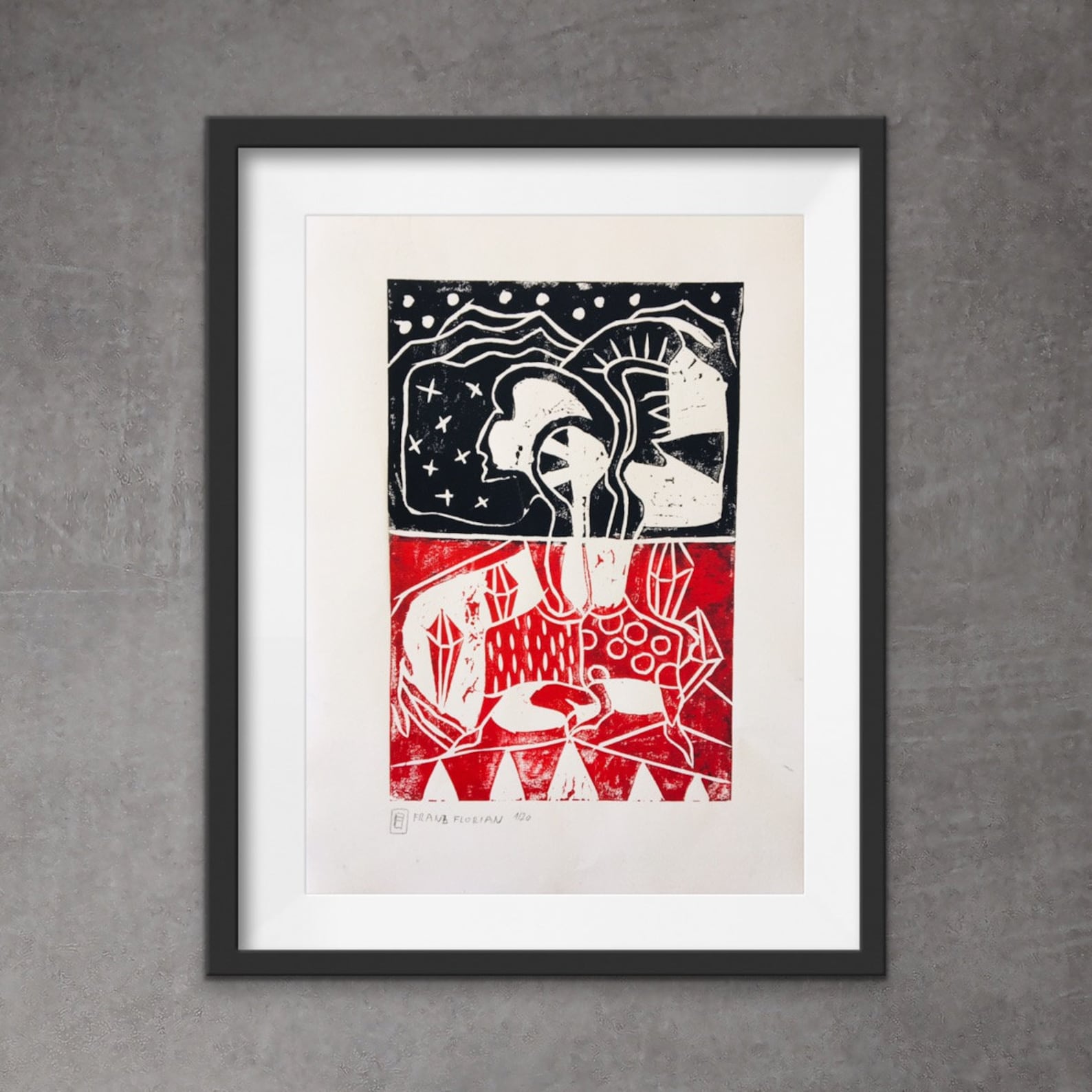 2 Indian Siting Figures Linocut Paper Print , Picasso Style Art ...