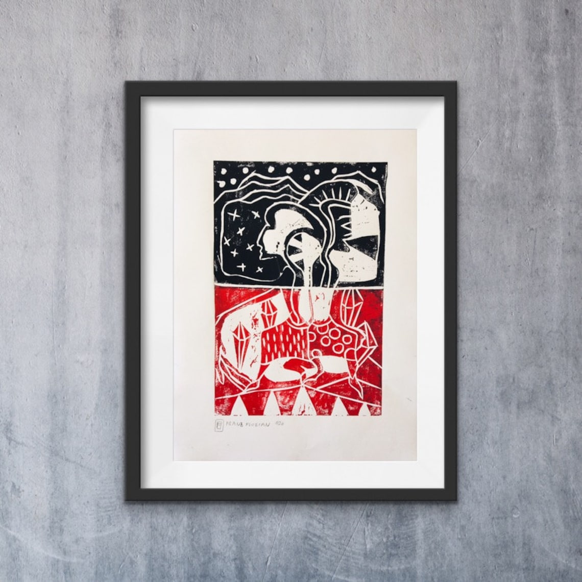 2 Indian Siting Figures Linocut Paper Print , Picasso Style Art ...