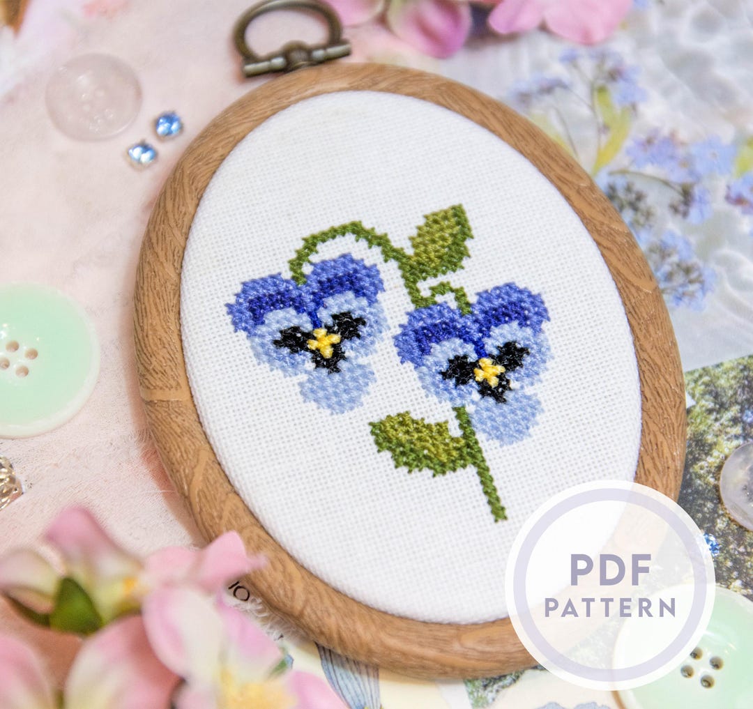 Miniature Blue Pansies Cross Stitch Pattern: Small Wildflower Floral ...