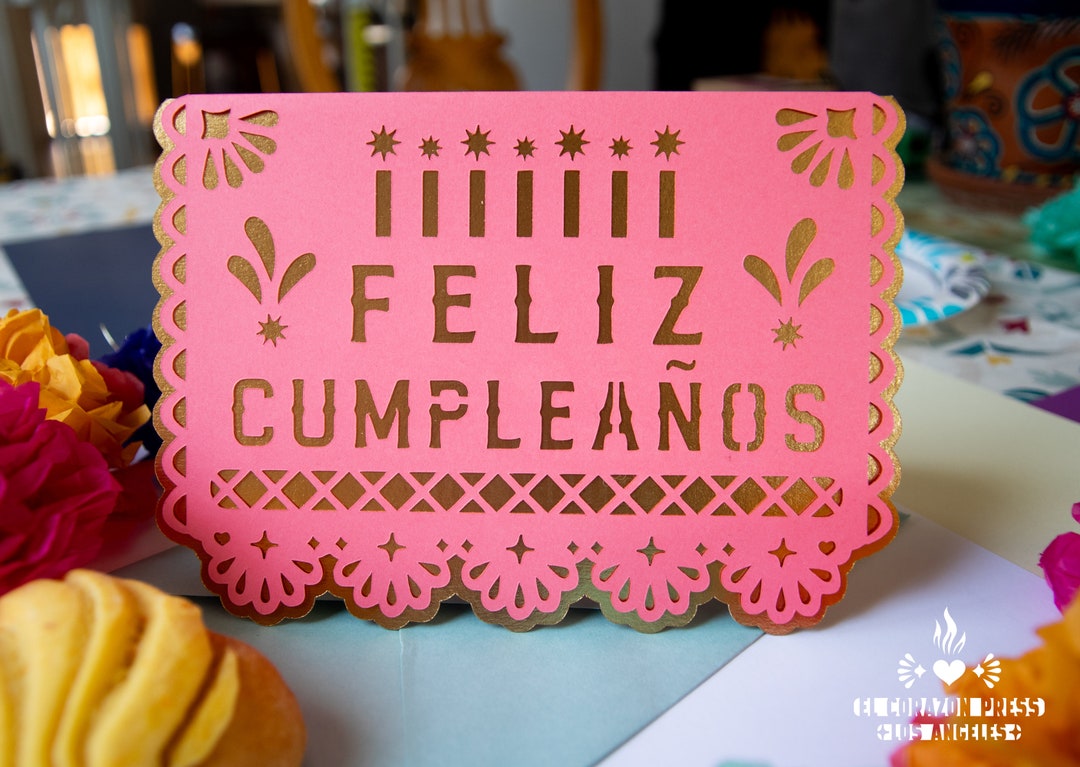 FELIZ CUMPLEANOS Papel Picado Birthday Card, Cake Design, Pink and Gold ...