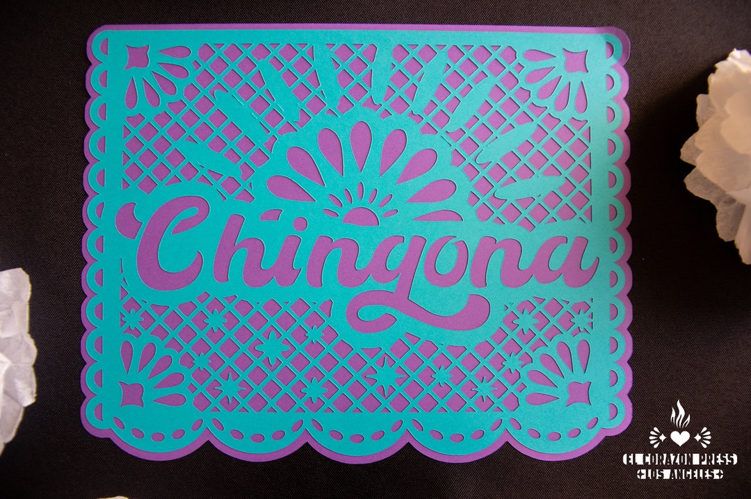 Teal and Purple CHINGONA Art Piece, Sun and Moon Design, Papel Picado ...