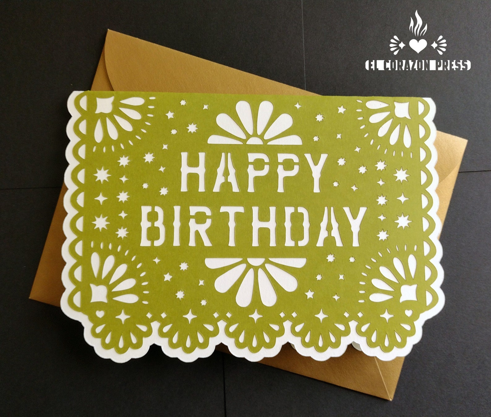 Papel Picado Happy Birthday Card: Olive, Cream & Gold, Taurus Vibes - Etsy