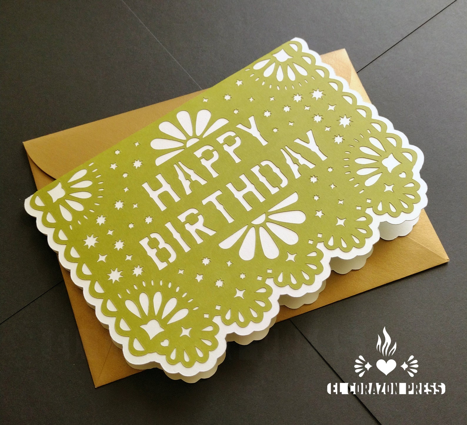Papel Picado Happy Birthday Card: Olive, Cream & Gold, Taurus Vibes - Etsy