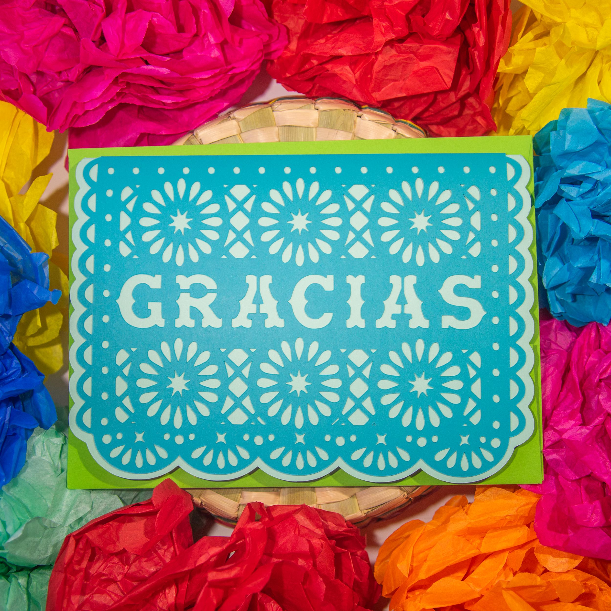 Teal Aqua Papel Picado Gracias Card: Mexican Thank You Note - Etsy