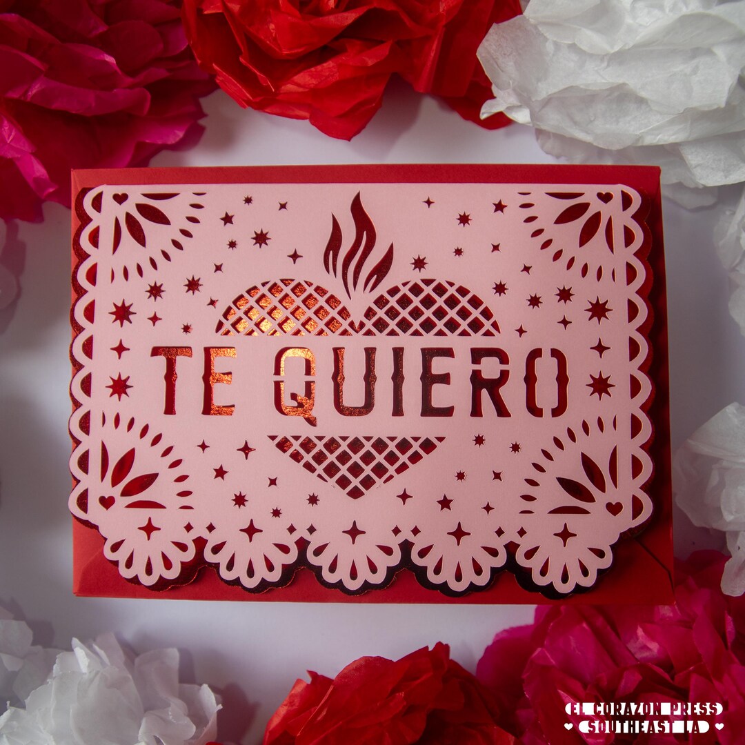 Pink and Metallic Red TE QUIERO Papel Picado Card, I Love You, Sweet ...