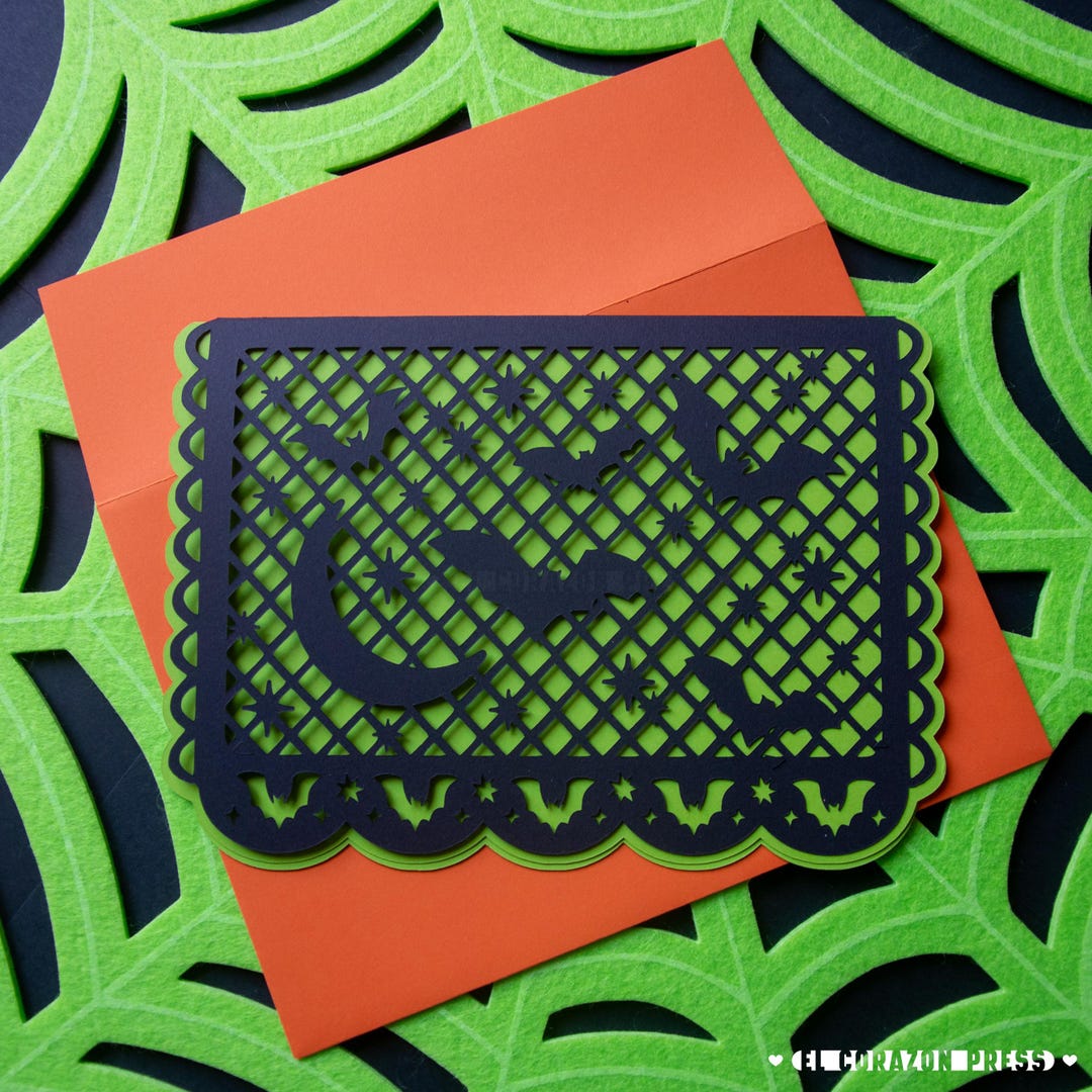 BATS Halloween Papel Picado Greeting Card, Black and Lime Spooky Paper ...