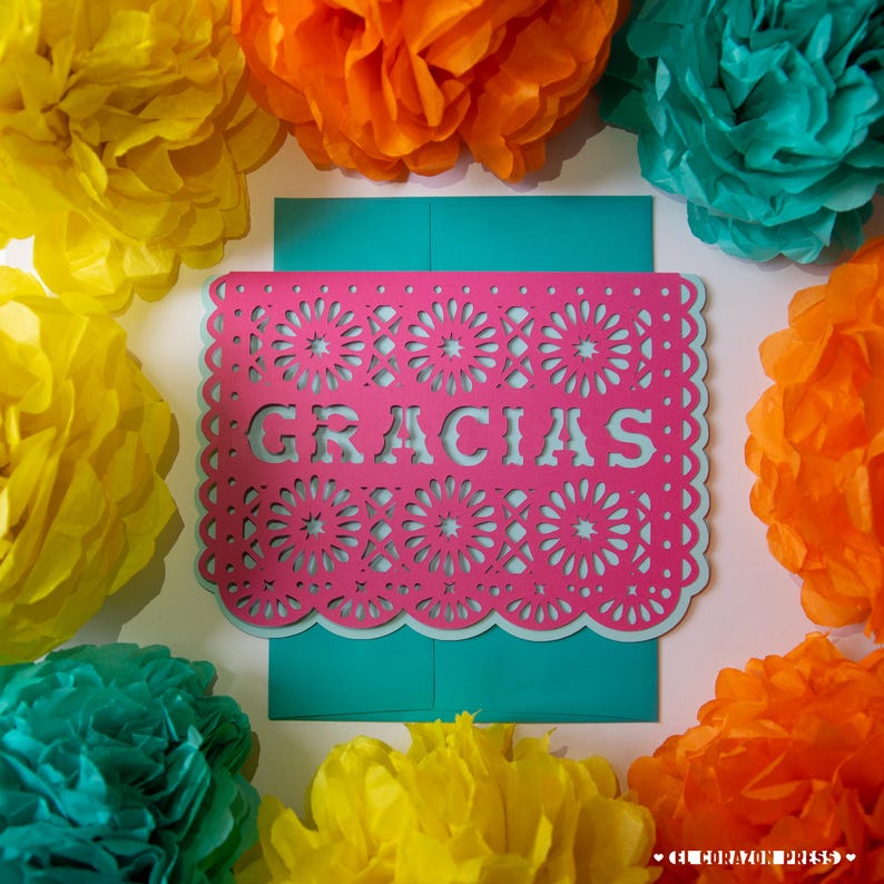 Pink Gracias Papel Picado Thank You Card, Mexican Stationery, Baby ...