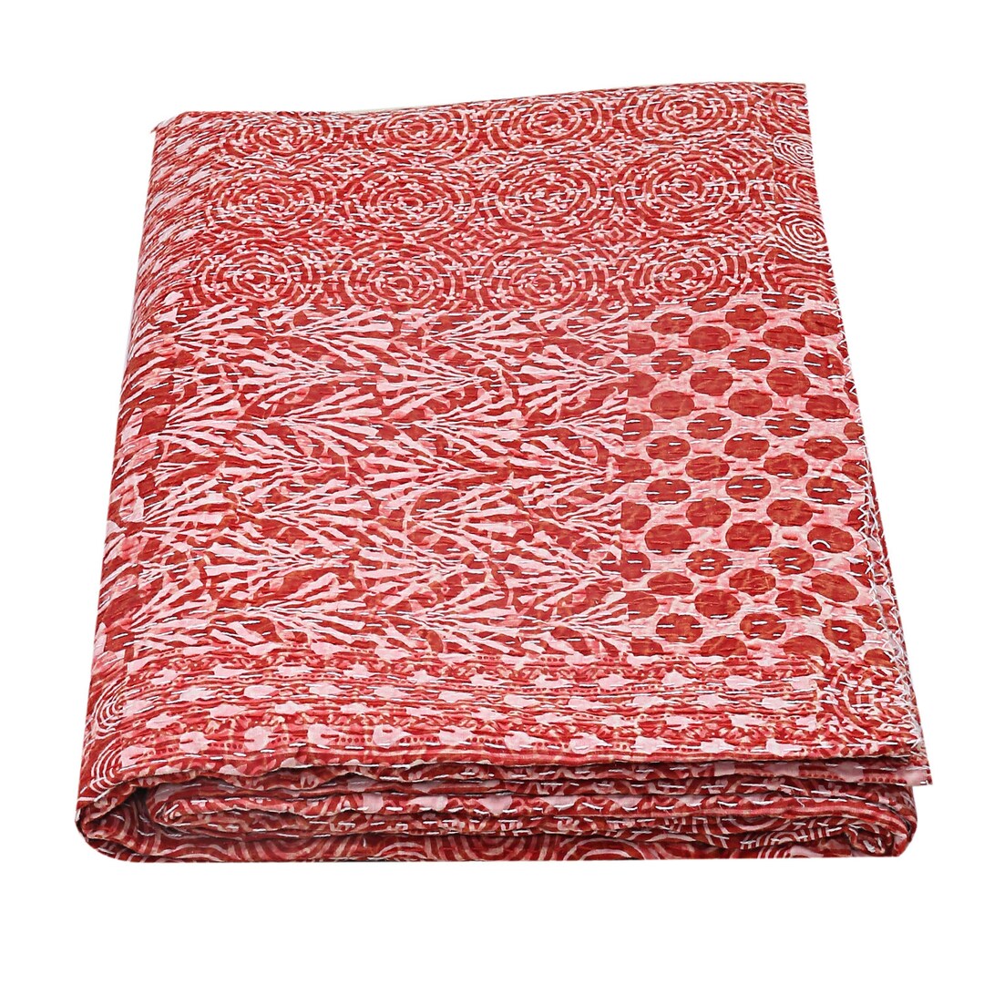 Handmade Red Colour Patchwork Indigo Cotton Kantha Quilt Hand Stitched ...