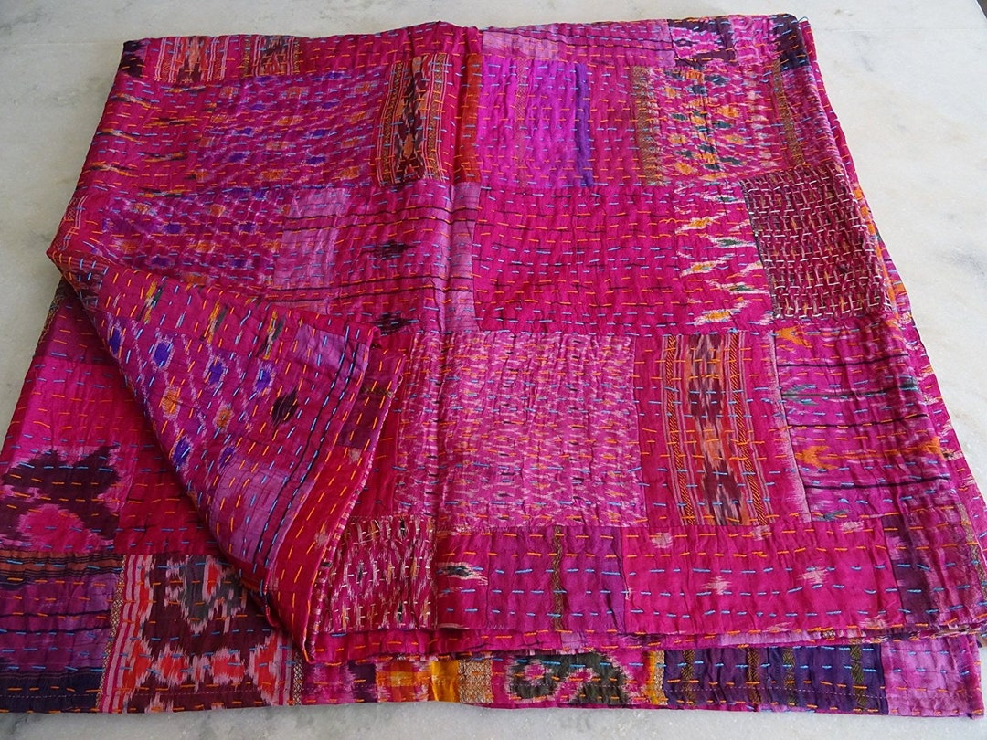 Indian Handmade Kantha Quilt Vintage Sari Silk Patola Patchwork Hand ...