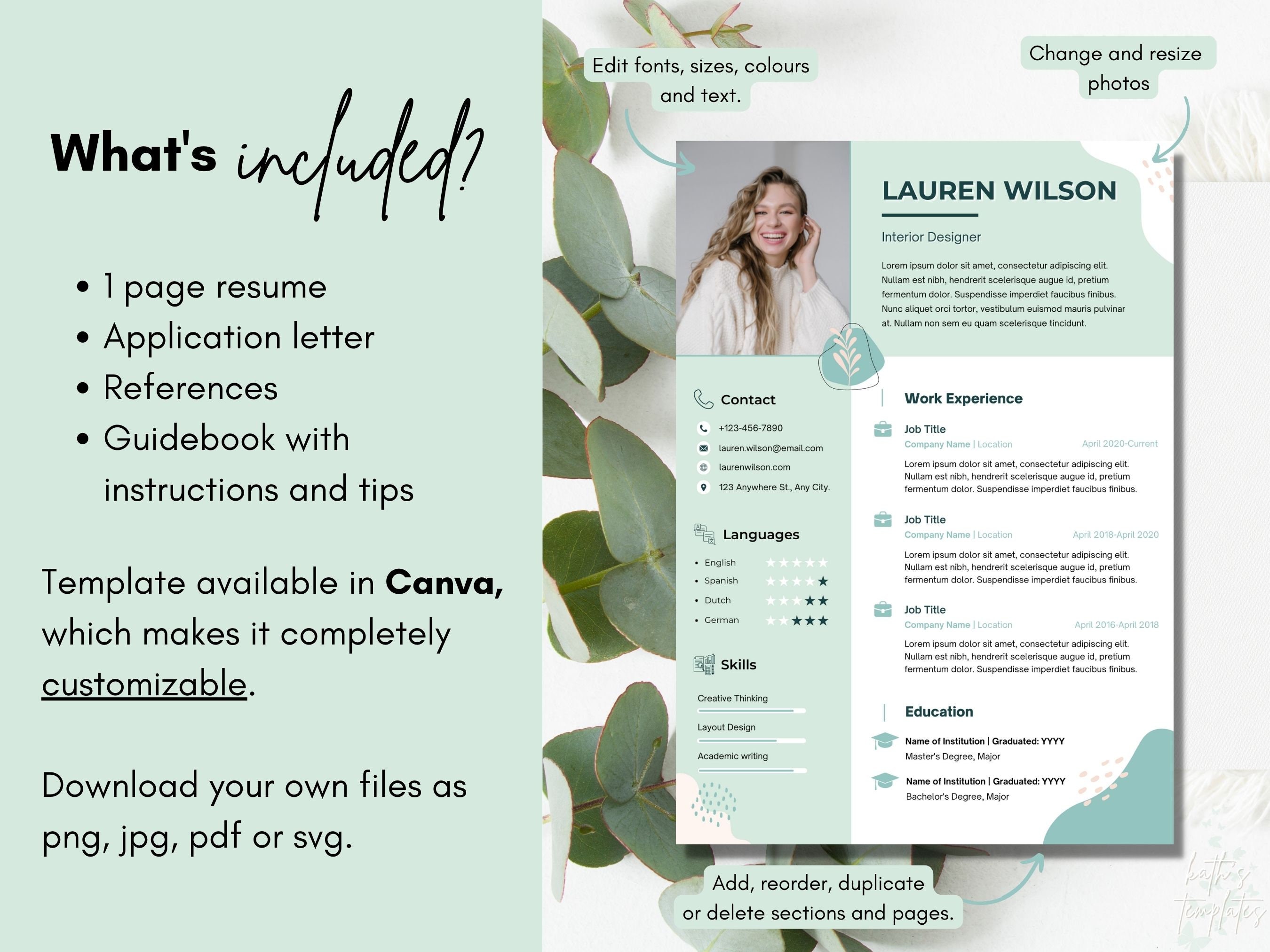 Lauren Wilson Premium | 1 Page Resume | CV Resume Template (including ...