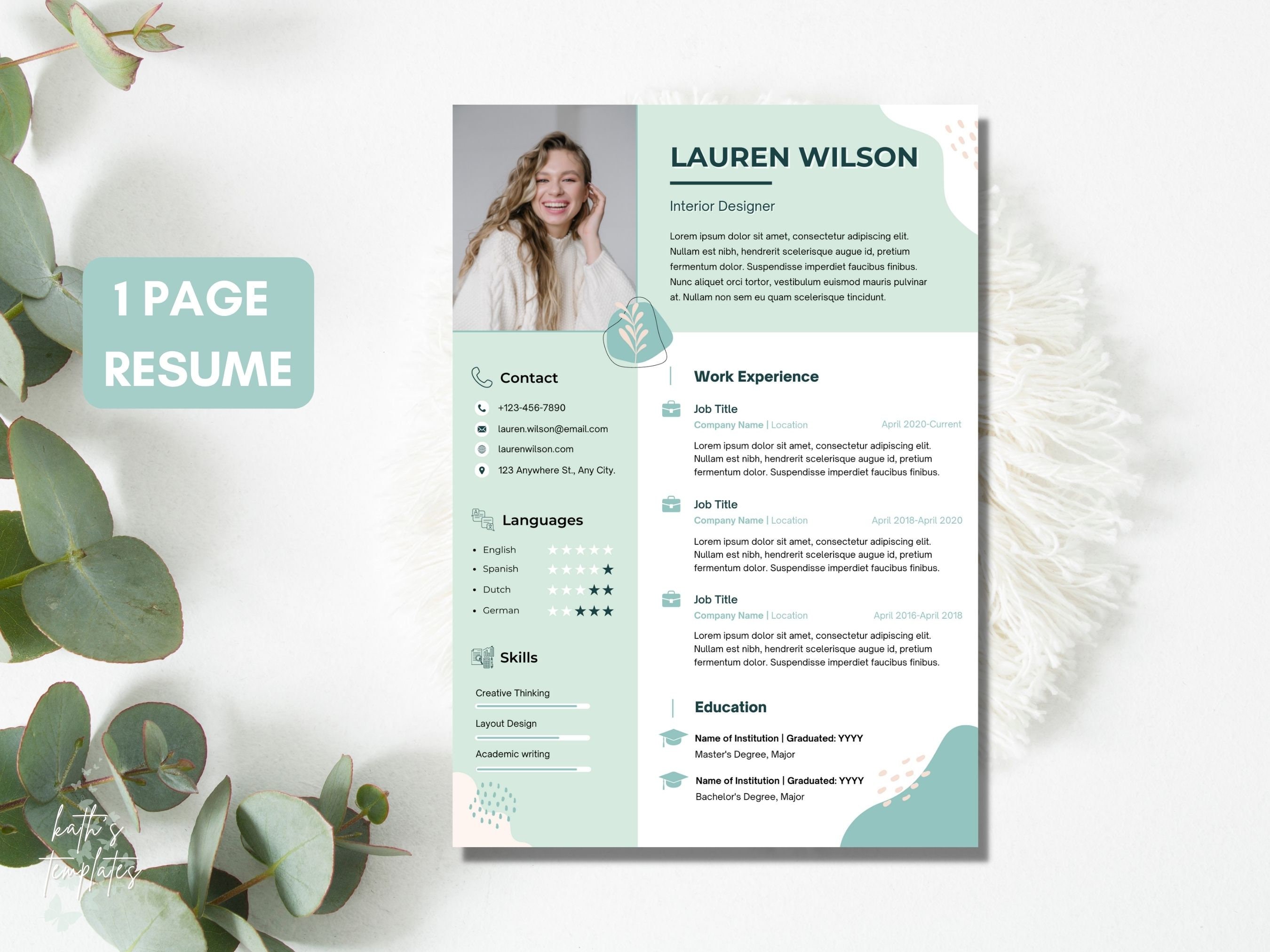 Lauren Wilson Premium | 1 Page Resume | CV Resume Template (including ...