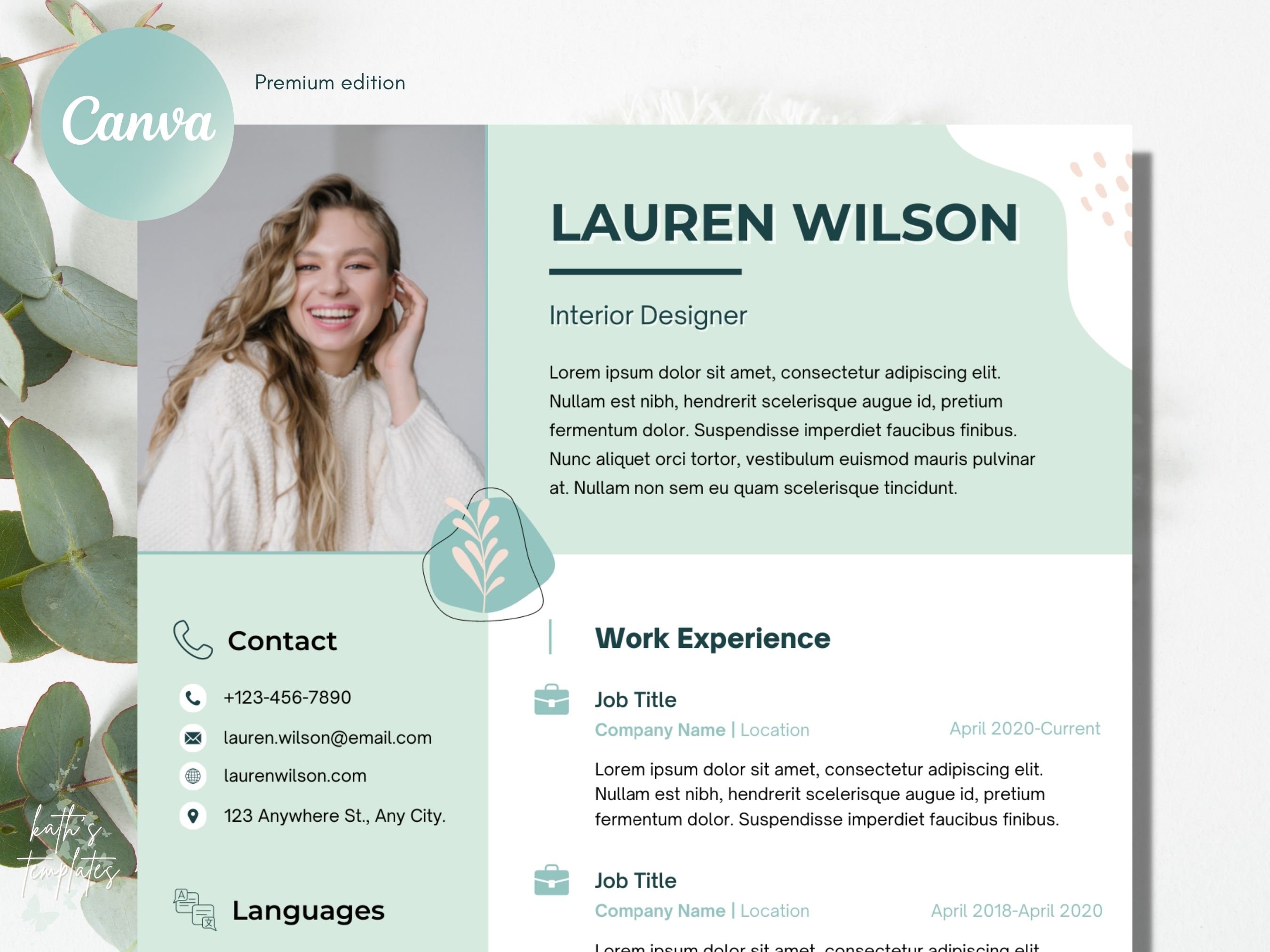 Lauren Wilson Premium | 1 Page Resume | CV Resume Template (including ...