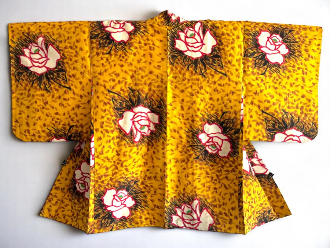 1920s Meisen Silk Haori – Saffron Yellow With Bold Rose Pattern ...