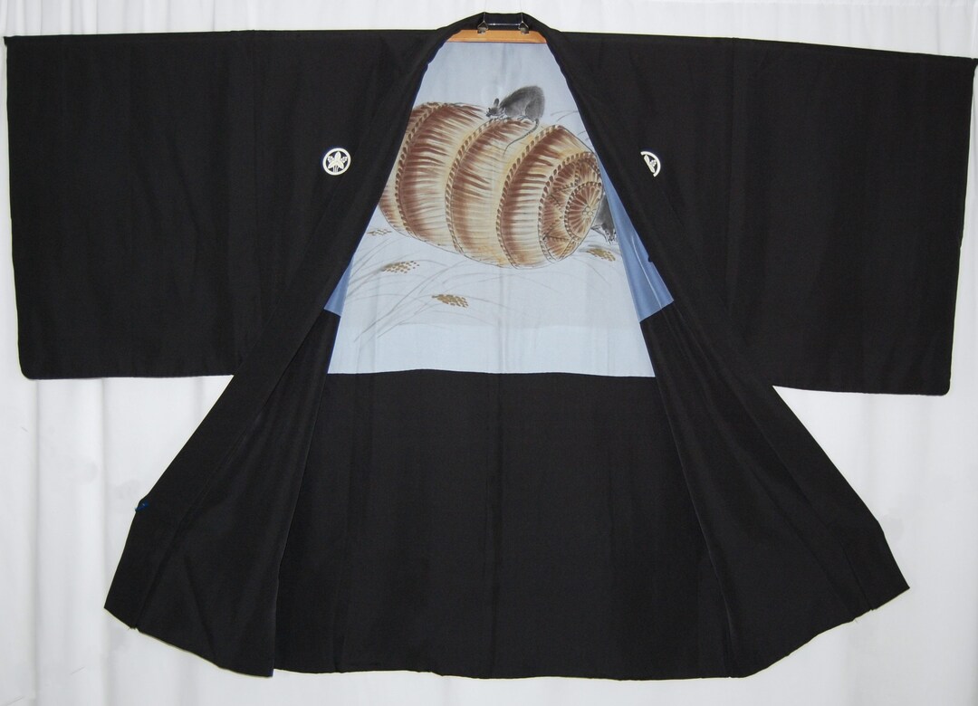 Men's Black Long Kimono Jacket/ Formal Crested Haori/mouse and Rice ...